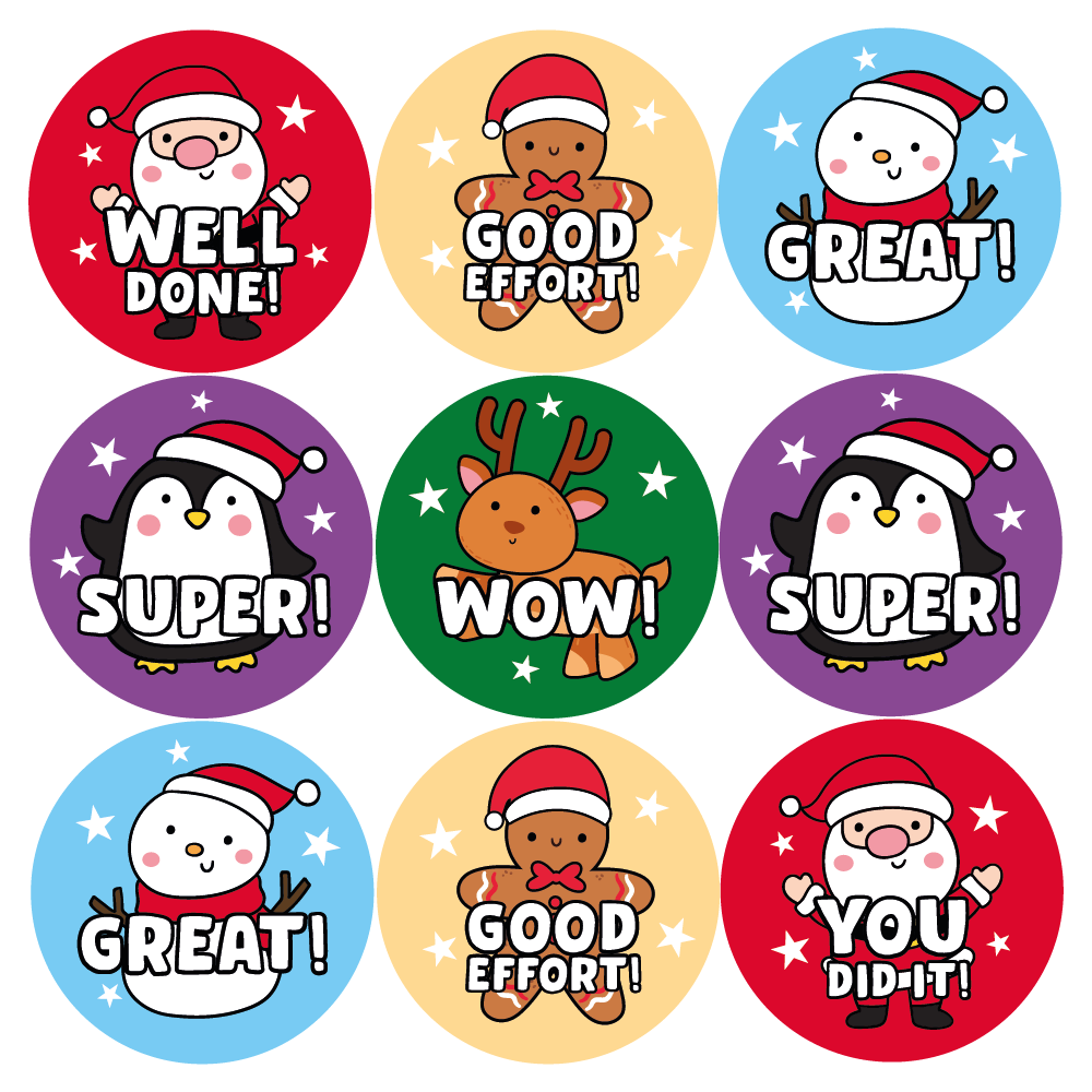Cute Christmas Characters Praise Words Reward Stickers — MyClassroom
