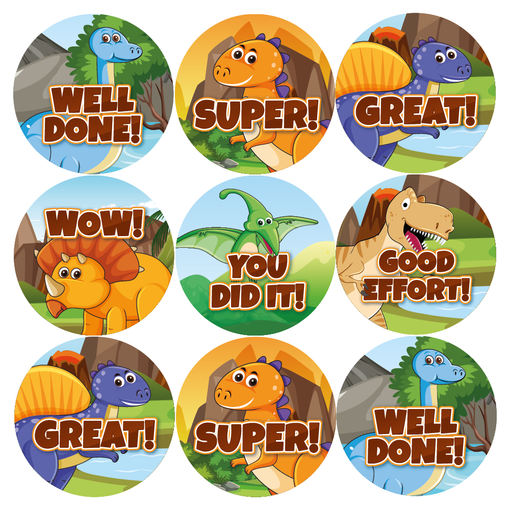 Happy Dinosaurs Praise Words Reward Stickers — MyClassroom